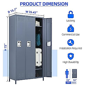 GangMei Latest Version 3 Doors Metal Storage Locker Combination, 72" Steel Storage Lockers for Employees, Lockable Storage Cabinet for Home, Gym, School, Office. Assembly Required (3 Doors, Black)
