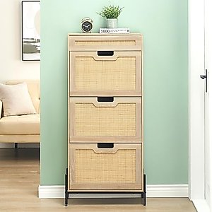 IDEALHOUSE Natural Rattan 3 Flip Door with 1 Drawer Shoe Cabinet Organizer Freestanding, Shoe Rack Storage Cabinet for Entryway with 3-Tier Adjustable Shelves for Slippers, Sneakers, Heels, Boots