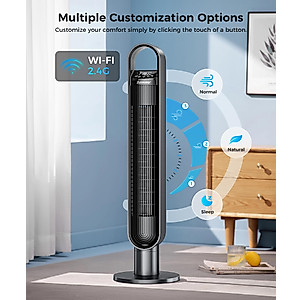 Azonanor Tower Fan for Bedroom, 90° Oscillating Standing Bladeless Fan with Remote, 12H Timer, 3 Speeds Max 28ft/s, 3 Modes, LED Display Floor Fans Works with Tuya/Smart Lift