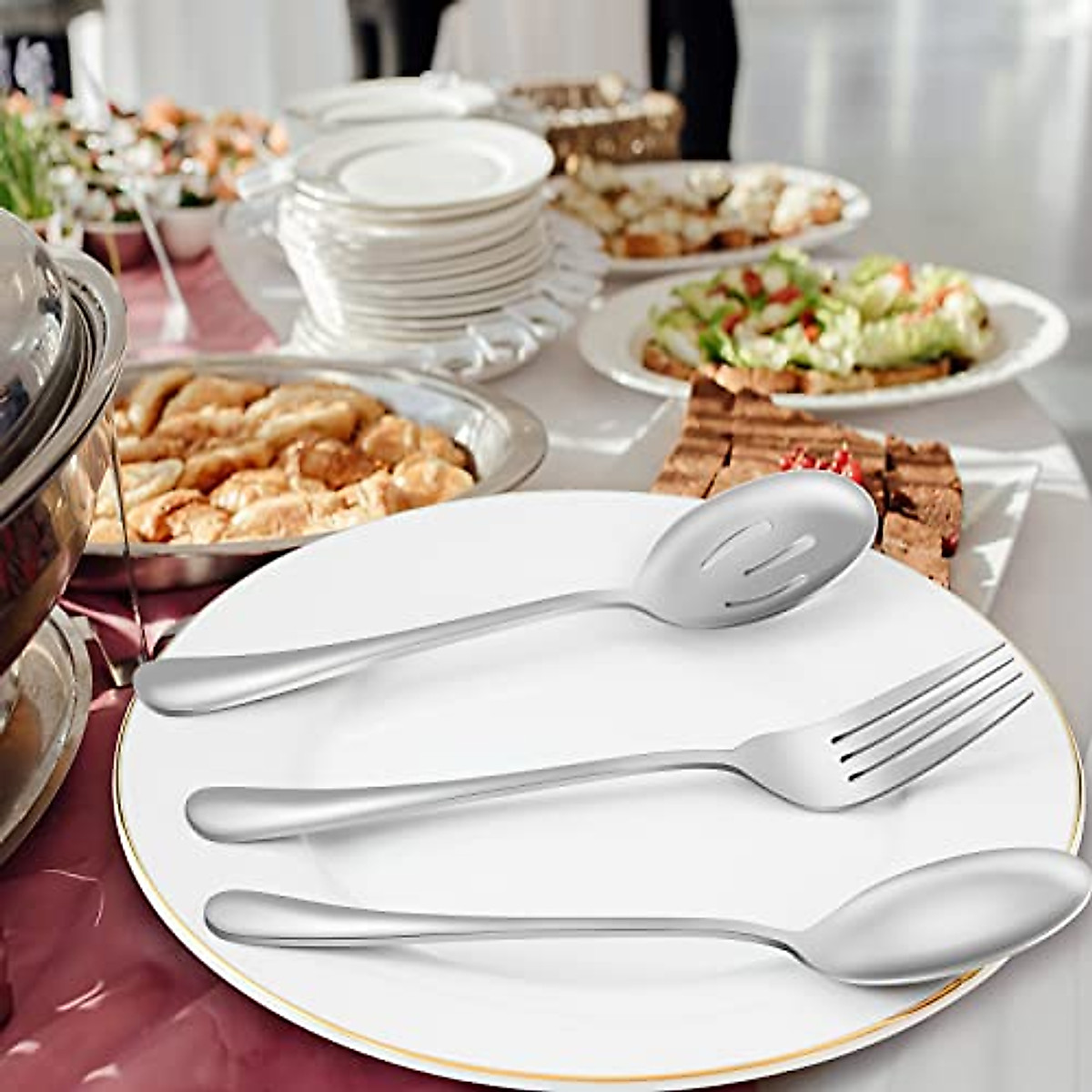 Eisinly Serving Utensils, Set of 6 Large Serving Spoons Forks Tongs Butter Knife and Pie Server, Thickened Stainless Steel Buffet Catering Flatware Serving Set for Party Banquet