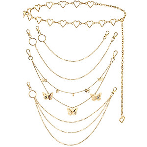 5 Pieces Chain Belt Jeans Pants Chain Pocket Waist Chain Multi-Layer Hip Hop Metal Wallet Chain for Men Women (Butterfly, Heart,Gold)
