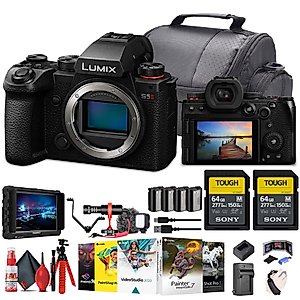 Panasonic Lumix S5 II Mirrorless Camera (DC-S5M2BODY) + 4K Monitor + 2 x 64GB Memory Card + Corel Photo Software + 3 x DMW-BLK22 Battery + Triple Shoe Bracket + Charger + LED Light + More