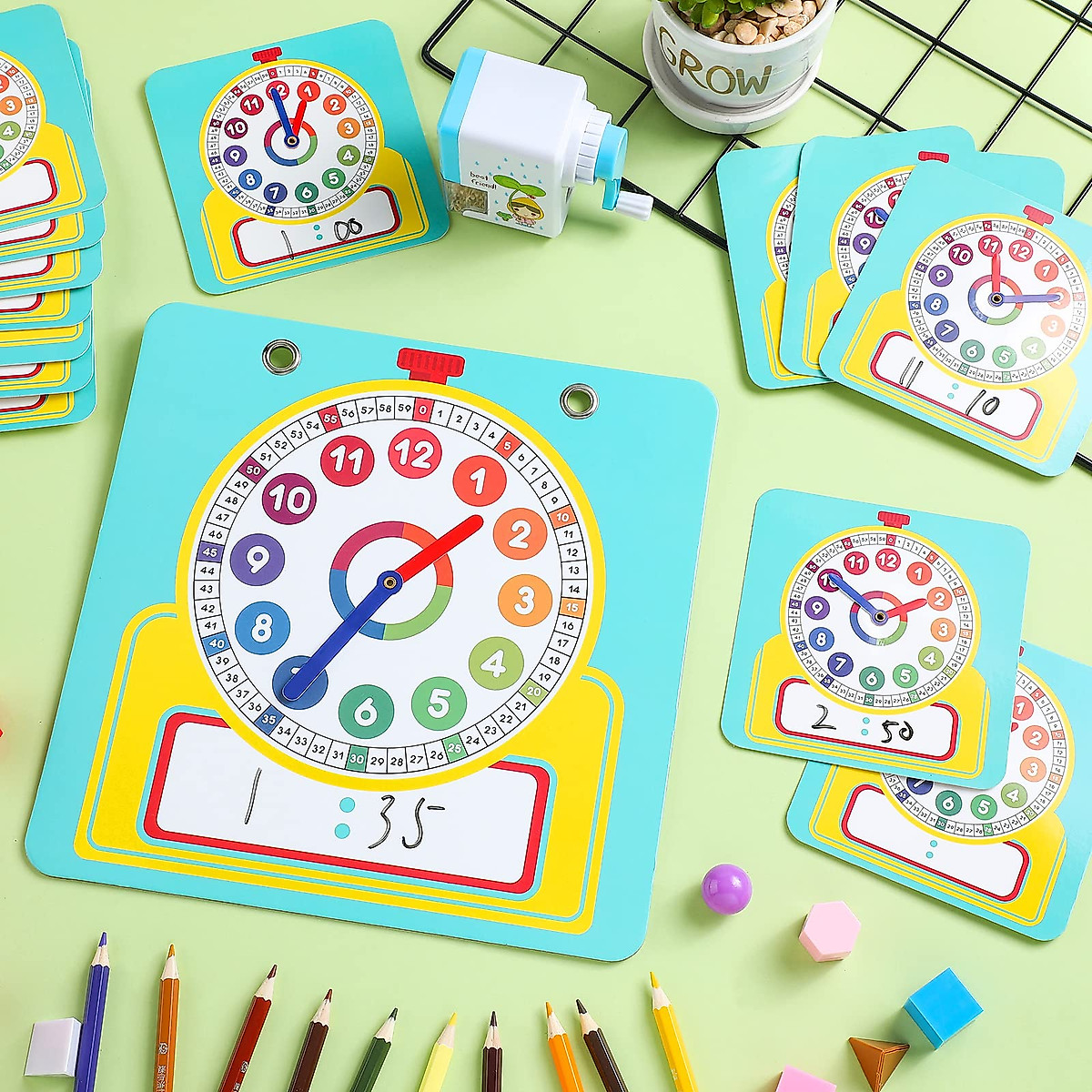 Junkin 25 Pcs Teaching Clock Kit, Clocks Practice Clocks for Kids Learning Time with Erasable Surface for Home School Classroom Supplies (Vivid Style)