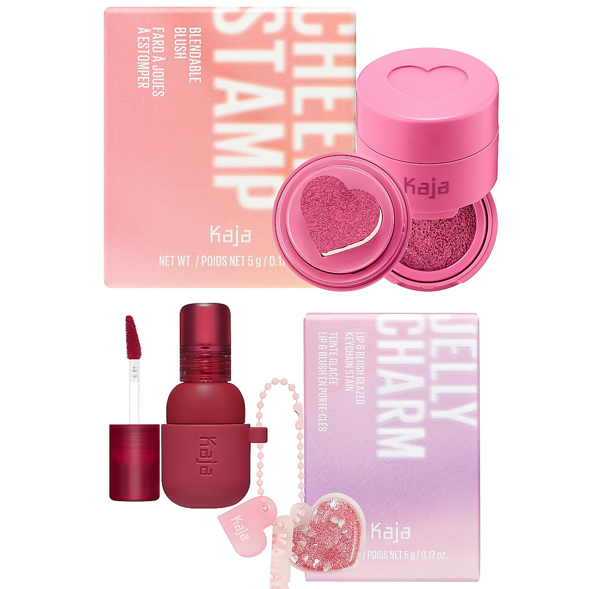 Kaja Blush - Cheeky Stamp, 04 Feisty, 0.17 Oz + Lip & Blush Glazed Keychain Stain - Jelly Charm 02 Squeeze Guava Bundle