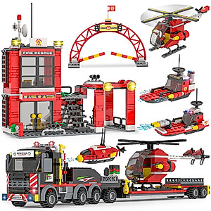 WishaLife City Fire Station Toy Building Set, with Fire Rescue Transport Truck Toy, Helicopter, Pretend Play Toy Gift Idea for Kids Boys Girls Age 6+