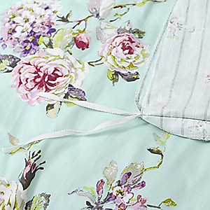 FADFAY Floral Duvet Cover Queen 100% Cotton Blue Green Farmhouse Bedding Super Soft Reversible Striped French Country Bed Cover Purple Hydrangea and Peony Print Zipper Comforter Cover 3 Pieces