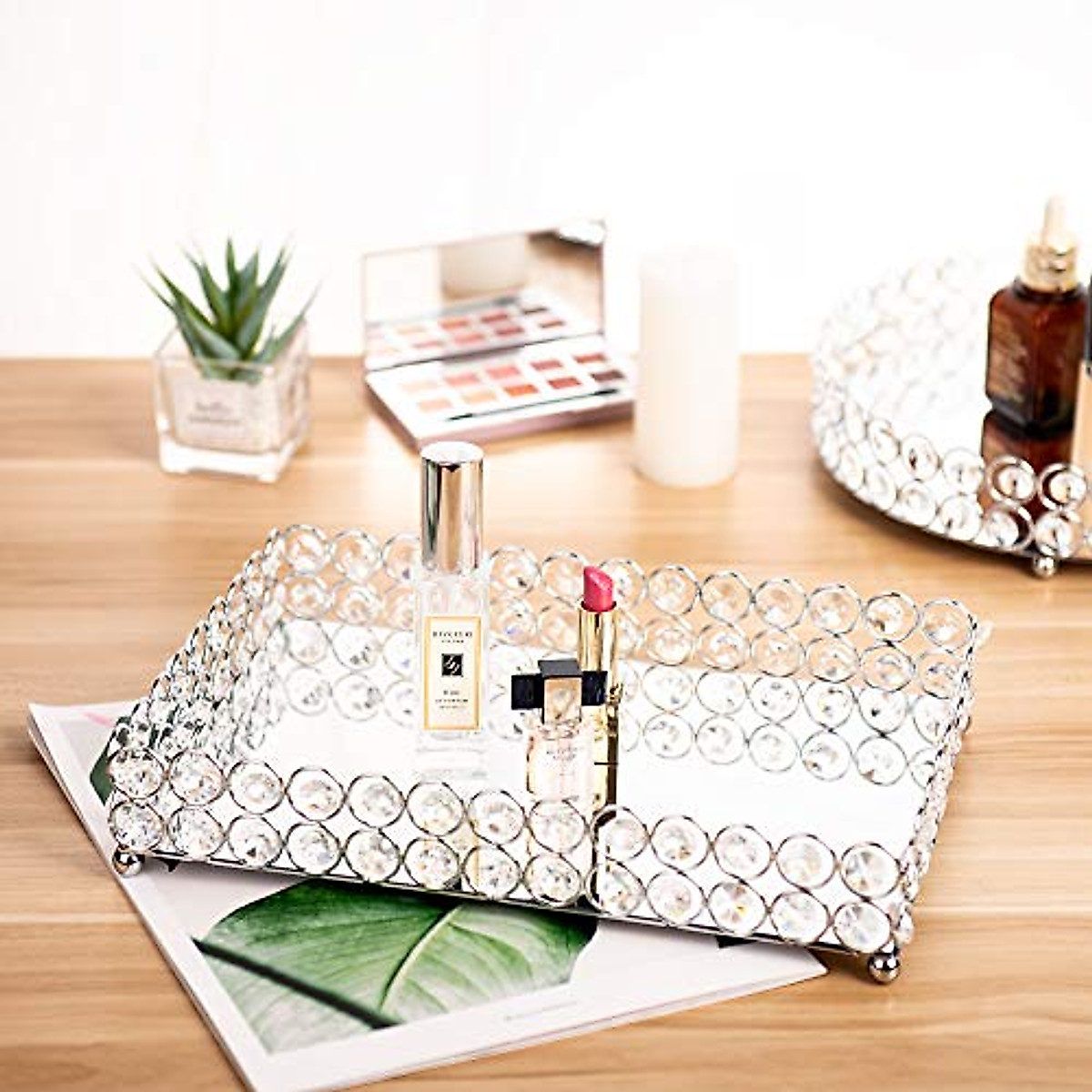 Feyarl Crystal Vanity Makeup Perfume Tray Ornate Jewelry Trinket Organizer Cosmetic Decorative Tray Skin Care Storage for Home Dressing Table Wedding Decoration(Rectangle 12" x 8") (Silver)