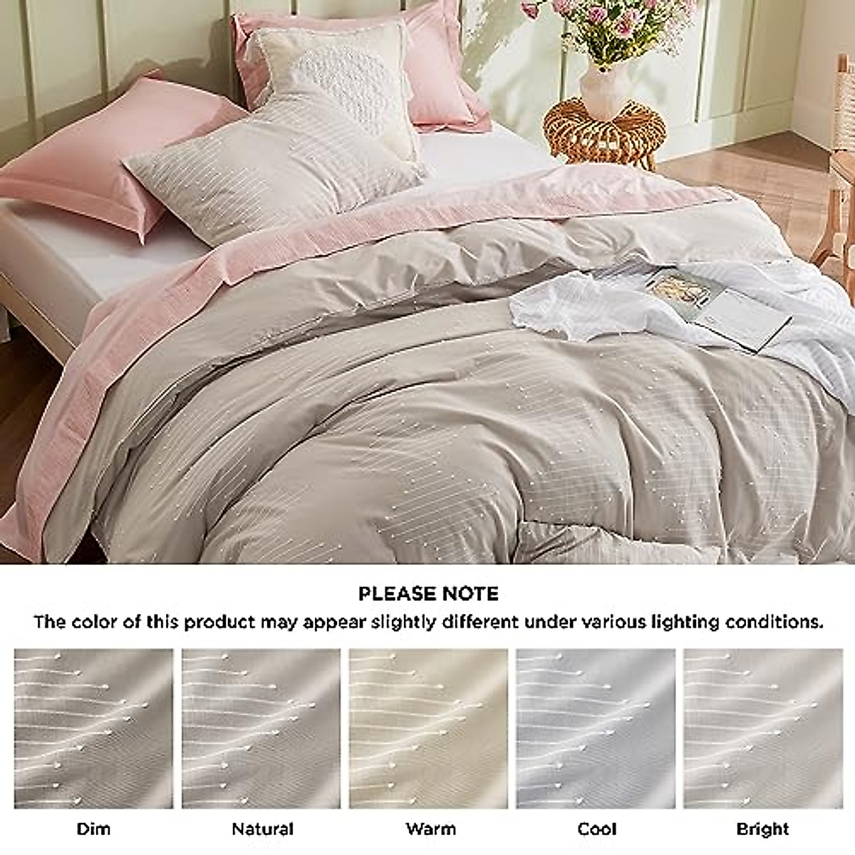 Bedsure Cotton Duvet Cover Queen Size - 100% Washed Cotton Duvet Cover Set, Linen Color, 3 Pieces Boho Stripe Jacquard Soft Bedding for All Seasons with 2 Pillowcases, Zipper Closure (Queen, 90"x90")