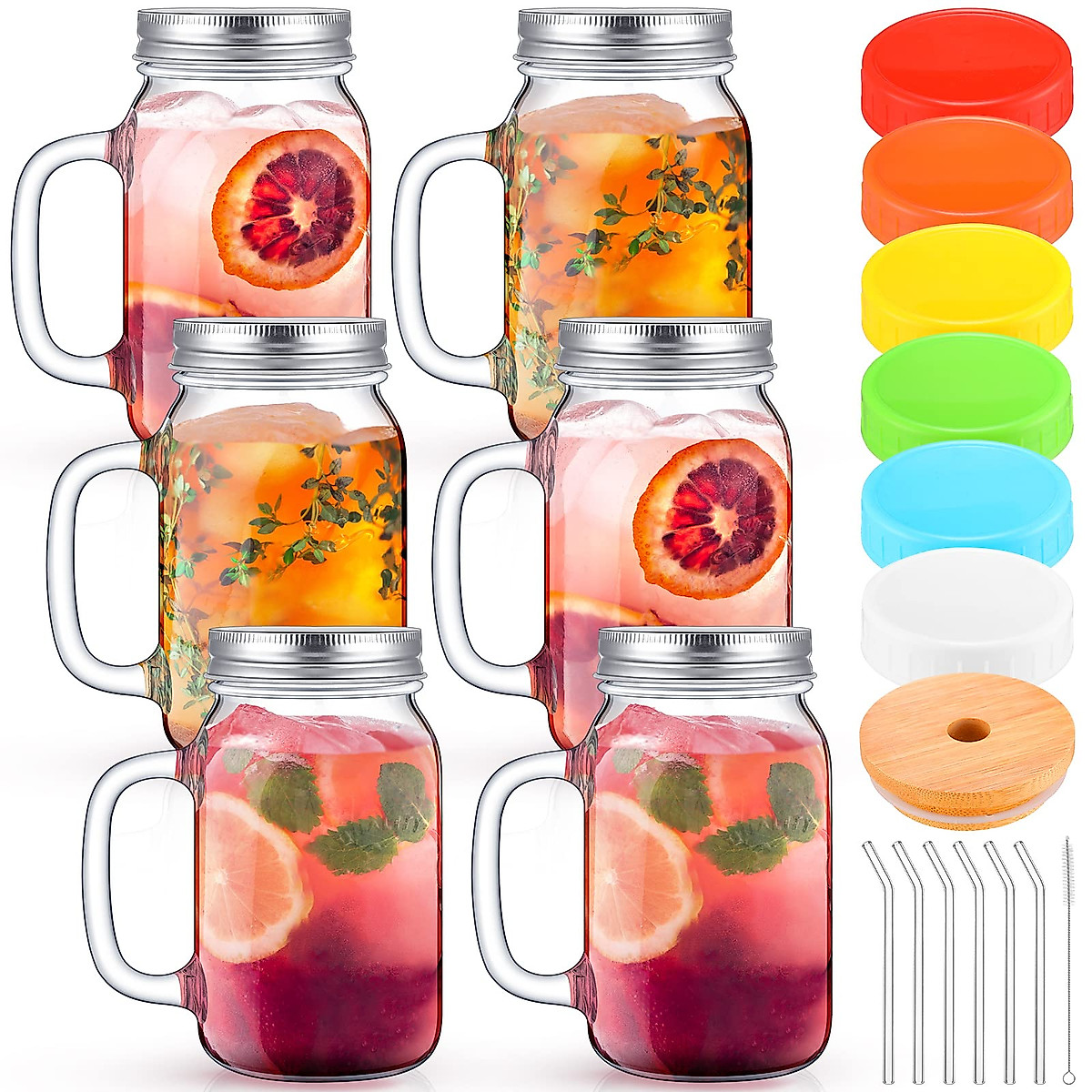 6 Pcs Mason Jar Drinking Glasses Set 16 oz Mason Jars with Handle Reusable Mason Jar Cup Mason Jar Mugs Glass Smoothie Cups with Lids and Straws for Iced Coffee Travel Tea Juice Milk Milkshake