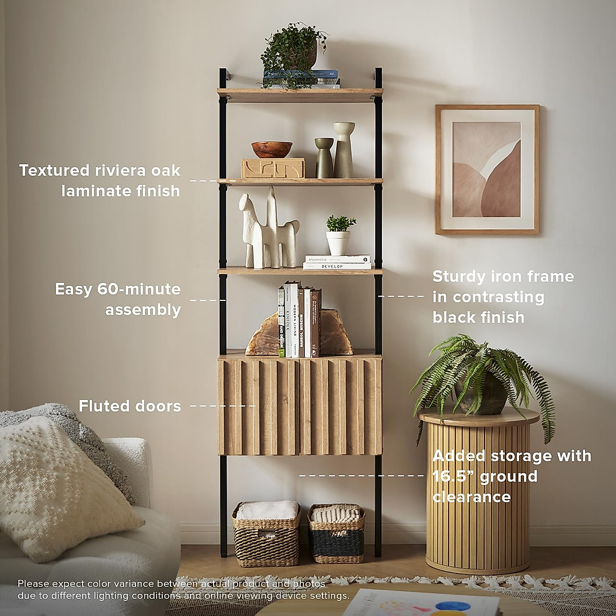 mopio Norwin Ladder Book Shelf, Wall Bookshelf, Farmhouse Industrial Bookcase, Narrow Slim Organizer Display Shelves, Living Room, Bedroom (3-Tier Shelf Cabinet)