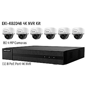 HIKVISION EKI-K82D46 8-Channel 4K POE NVR Value Express Kit with (6) 4MP Outdoor Network Dome Camera, (2.8 mm Fixed Lens), RJ45 Connections