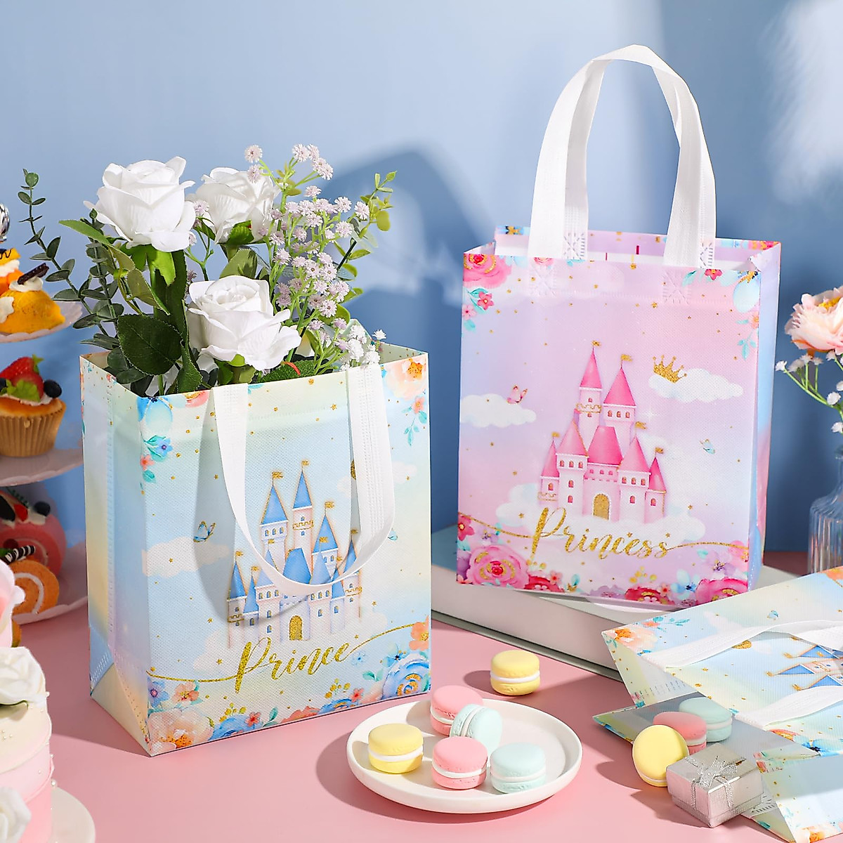 Locmeo 24 Pcs Prince and Princess Party Favor Bags with Handles Reusable Non Woven Castle Candy Goodie Bags Treat Blue Prince Pink Princess Gift Bag for Girl Boy Birthday Baby Shower, 8 x 4 x 10 Inch