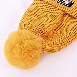 Kids Winter Beanie Hat Scarf Gloves Set, Winter Knit Warm Soft Pom-Pom Beanie Hat for Boys and Girls Outdoor Warm Beige