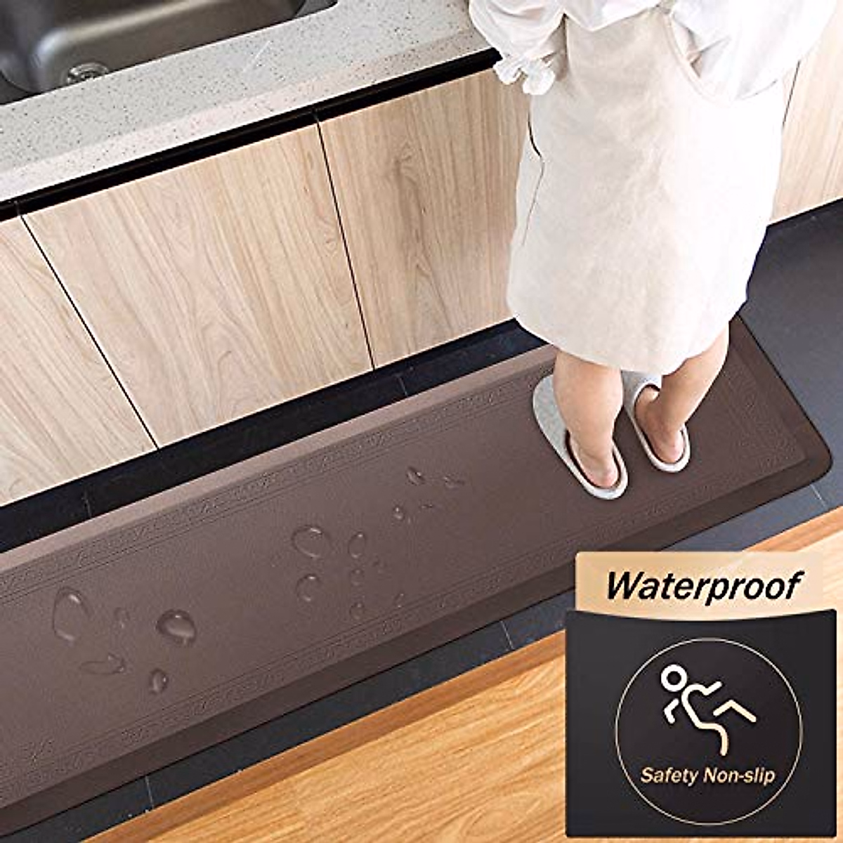 Anti Fatigue Kitchen Mats for Floor, Standing Desk Mat, Cushioned Comfort Mat for Home, Office, Laundry,Pain Relief, Non Slip Bottom, Waterproof & Easy to Clean, 24"x72", Brown