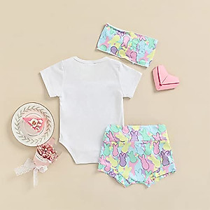Infant Baby Easter Bunny Shorts 3 Piece, Short Sleeve Romper/Tops Rabbit Pattern Printed Elastic Waist Shorts with Headband