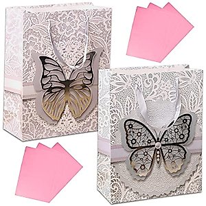 RUIFYRAY 12.6" Large Butterfly Gift Bag 2 Pack, with Handle and Tissue Paper, for Anniversary/Valentines Day/Birthday Party/Bridal Shower Decoration/Wedding Favors/Christmas Holiday & New Year Gift