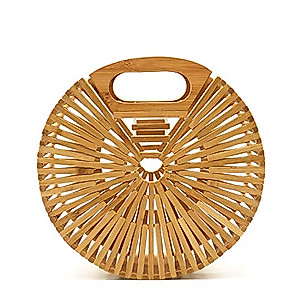 Miuco Women Bamboo Top-Handle Handbags Round Straw Beach Tote Bag Small