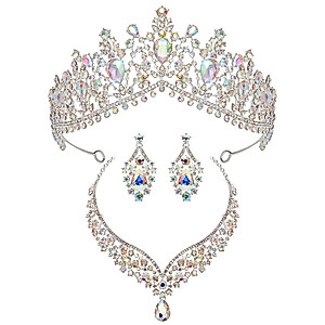 SWEETV Wedding Crown for Bride, 3-pack Tiara Earrings Necklace, Bridal Jewelry Set, Iridescent Crystal Costume Party Birthday Prom Pageant Jewelry for Women,Multicolored