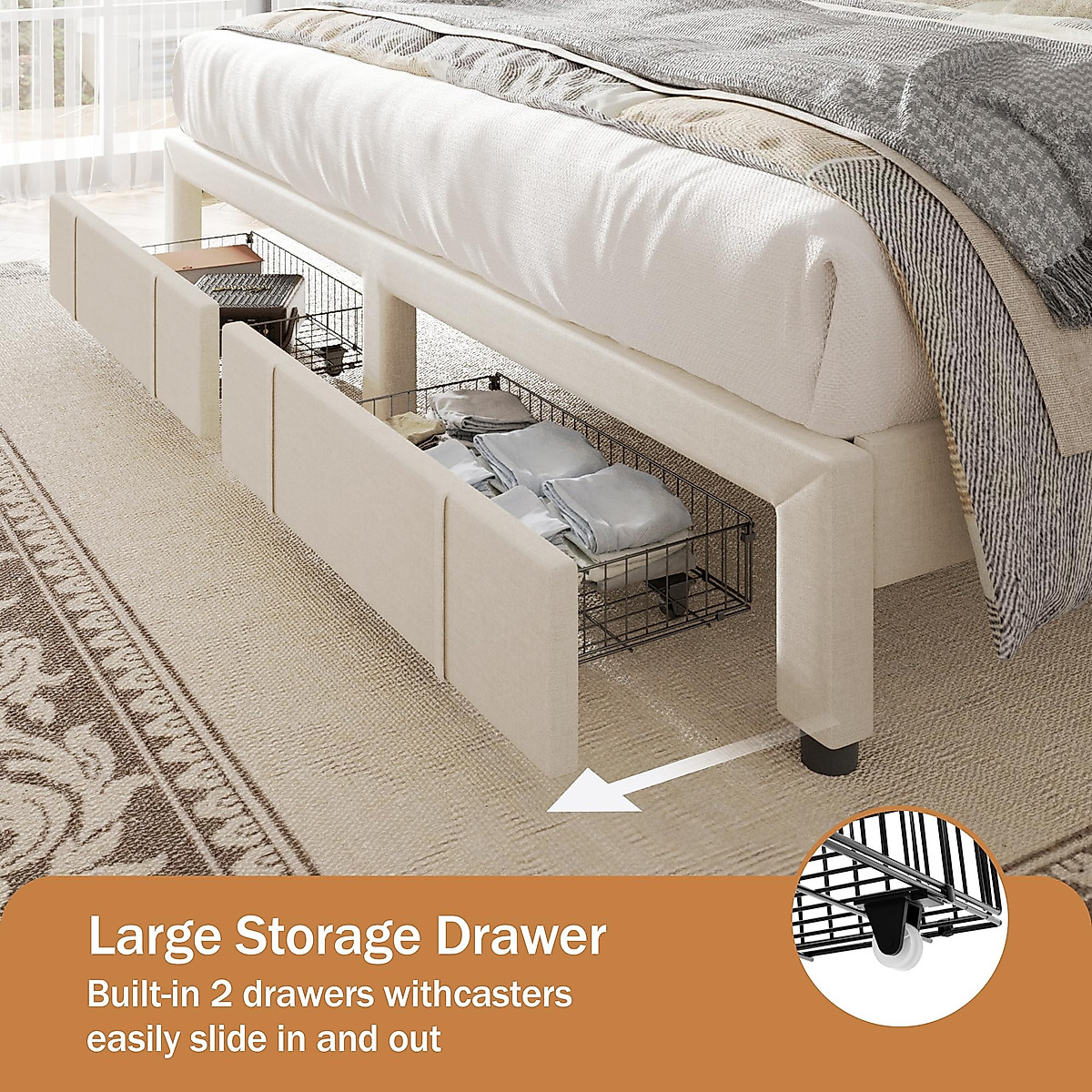 Sismplly King Size Bed Frame, Upholstered Platform Bed with Storage Drawers Headboard and Charging Station, Wooden Slats Support, No Box Spring Needed, Easy Assembly, Beige