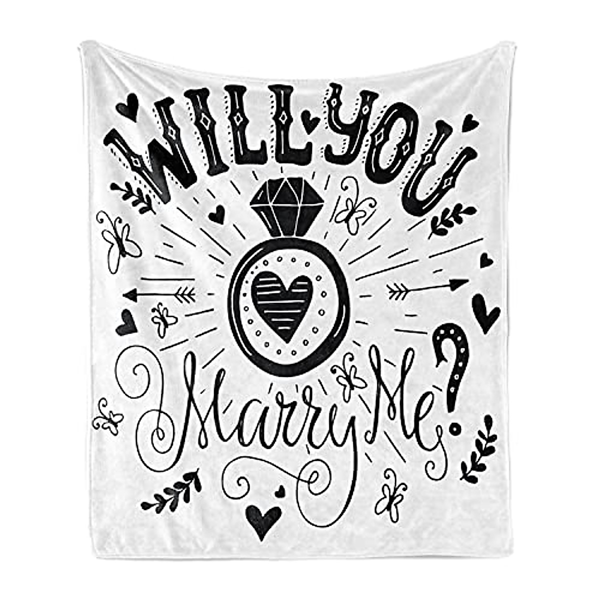 Ambesonne Engagement Party Throw Blanket, Western Themed Will You Marry Me Words with Hearts Celebration Image, Flannel Fleece Accent Piece Soft Couch Cover for Adults, 50" x 70", Black and White