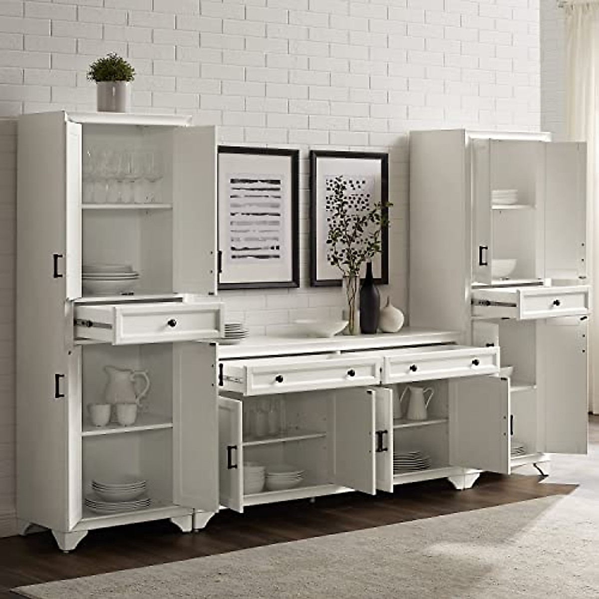 Crosley Furniture Tara 3-Piece Modern Farmhouse Sideboard Buffet Cabinet and Kitchen Storage Pantry Set, Distressed White