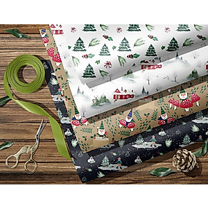 SaringSwoon Christmas Wrapping Paper for Kids, Adults - Winter Xmas Watercolor Gift Wrap With Gnome, Rustic House on Brown, Black, White - 43×29 Inches, 6 Folded Jumbo Sheets, Recyclable
