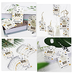 Halloween Tag Decoration 50PCS Halloween Ghost Tag with Jute String Trick or Treat Happy Boo Day for Halloween Party Gift Wrapping Candy Bag Decoration