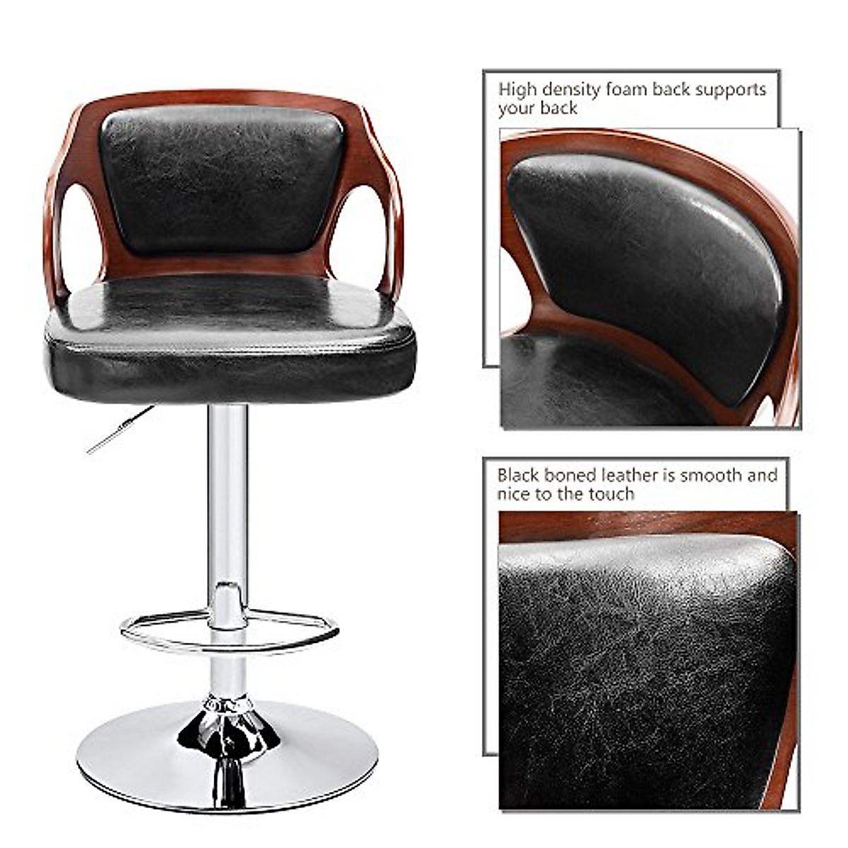 Homall Bar Stools Walnut Bentwood Adjustable Height Leather Modern Barstools with Back Vinyl Seat Extremely Comfy Bar Stool 1 Piece (Black)