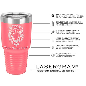 LaserGram 30oz Vacuum Insulated Tumbler Mug, Lion Head, Personalized Engraving Included (Coral)
