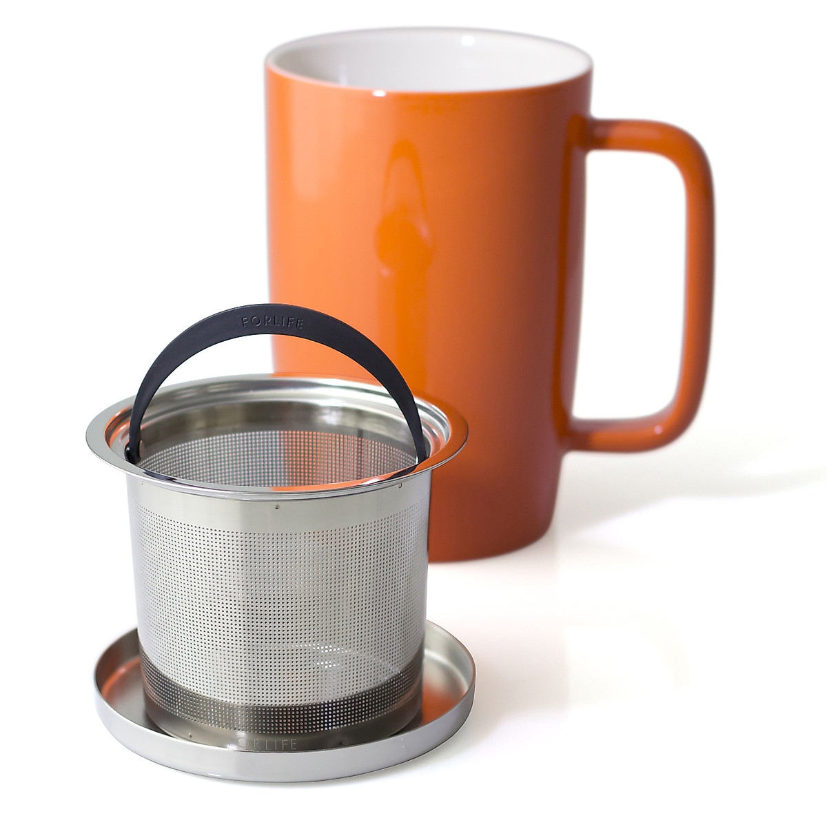 FORLIFE Dew Glossy Finish Brew-In-Mug with Basket Infuser & "Mirror" Stainless Lid 18 oz., Carrot