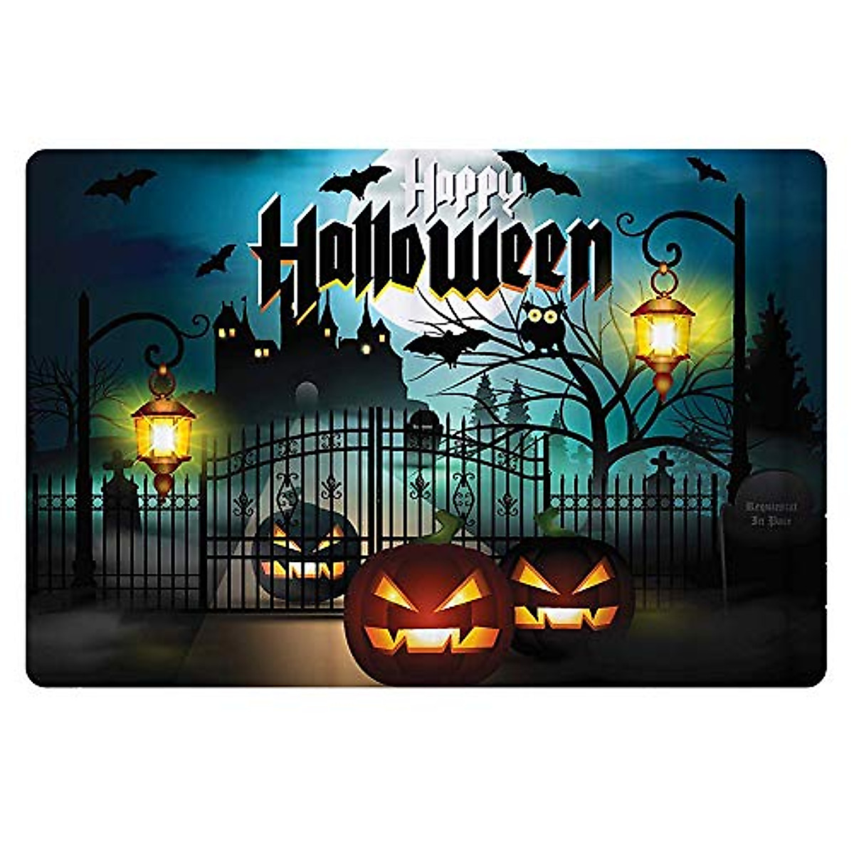 PZZ Happy Halloween Decor Indoor Home Mat with Non Slip Rubber Backing, Moon Night Castle Spooky Pumpkins Printed, Low Profile Absorbent Area Rugs
