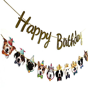 Dog Birthday Garland Funny Happy Birthday Banner Decor Puppy Face Bday Party Bunting Decorations Gold Birthday Sign