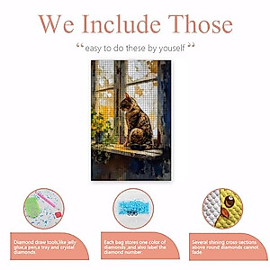 Diamond Painting Kit for Adults and Children-Cat on Window Sill Beginner DIY 5D Full Circle Gemstone Art-Suitable for Home Bedroom Wall Decoration (20x30inch)