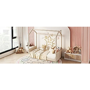 Bellemave Twin Size Velvet House Bed,Wood Bed, Twin Bed Platform Bed for Kids, Wood Twin Size Platform Bed Frame for Boys and Girls and Kids, No Box Spring Needed (Beige)