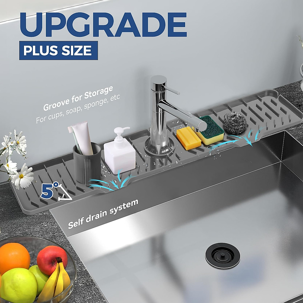 24" Kitchen Sink Faucet Splash Guard Plus Size Silicone Sink Faucet Drying Mat Faucet Handle Drip Catcher Tray Dish Sponge Holder Kitchen Sink Accessories Protector Home Organization Gadgets Organizer