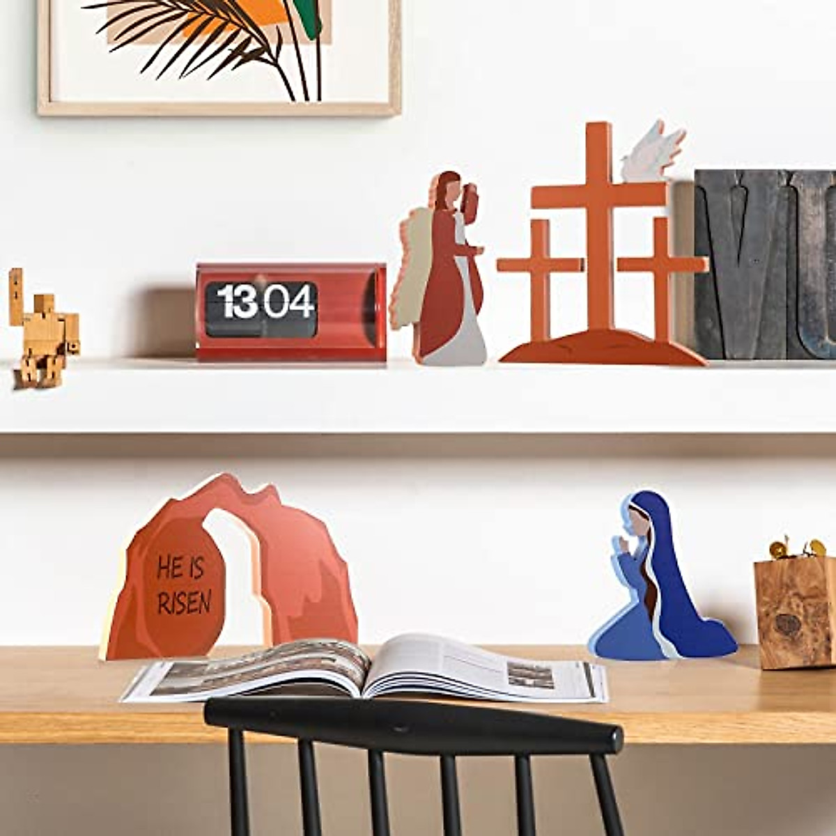 Ufkaa Easter Decorations, 4pcs Religious He is Risen Decor, Wooden Empty Tomb Resurrection Scene, Cross Table Christian Spring Decor, Farmhouse Easter Nativity Tier Tray Decor for Home Mantle