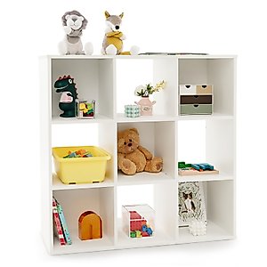 Costzon 9-Cube Toy Storage and Organizer, 4-Tier Wooden Kids Bookshelf, Toy and Book Storage Display Organization, Toddler Shelf for Playroom, Living Room, Classroom, Nursery, White