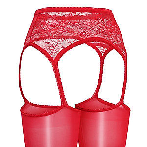 HTRUIYA Suspender Stockings for Women Sheer Garter Tights Lace Top Suspender Pantyhose 8 Denier Red