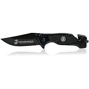USMC Black Tactical Folding Knife-3.5 Inch Blade Marine Rescue & Hunting Knife-Two-Sided Engravings - USMC Gift-Disabled USMC Vet Owned SMALL Business