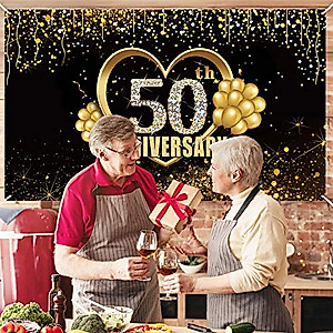 Yoaokiy 50th Wedding Anniversary Banner Backdrop Decorations, Gold Happy 50 Anniversary Party Supplies, Extra Large 50 Year Anniversary Decor Poster Photography (6 X 3.6ft)