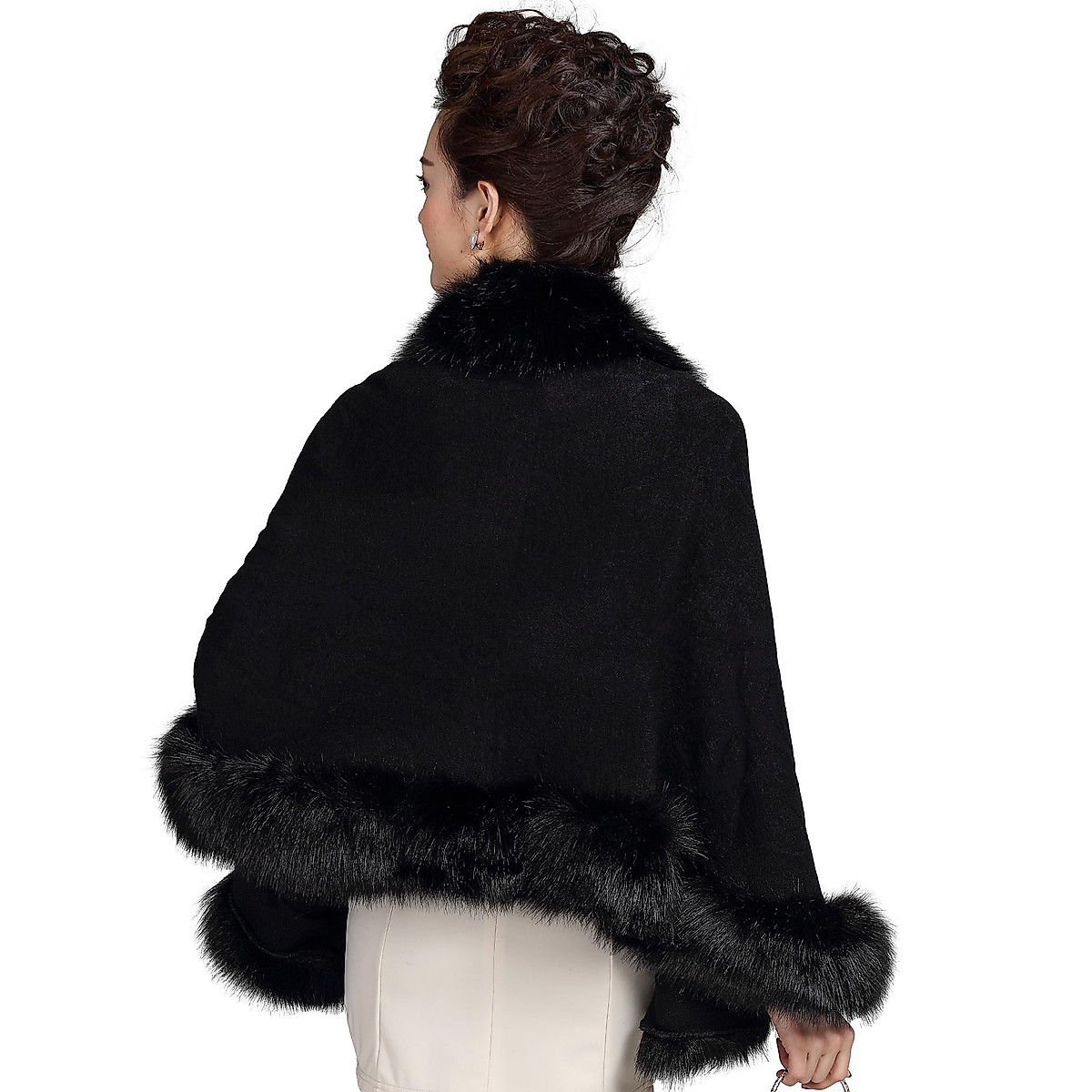 ELFJOY Bridal Faux Fur Shawl Black Fur Coat Women Luxury Faux Fur Wrap for Evening Dresses Winter Cashmere Fur Cape for Wedding Evening Party