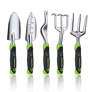WORKPRO Garden Tool Set, 5 Pieces Gardening Work Gifts, Cast Aluminum Outdoor Hand Tools Kit for Men and Women, Including Trowel Transplanter Weeder Hand Fork Cultivator