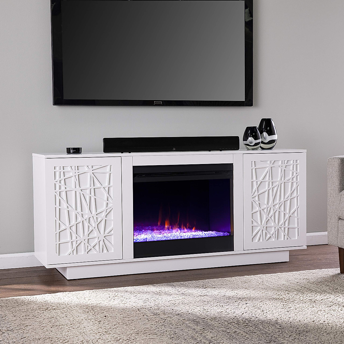 SEI Furniture Delgrave Electric Fireplace TV Stand for TVs up to 56 Inches with Color Changing LED Flame, White