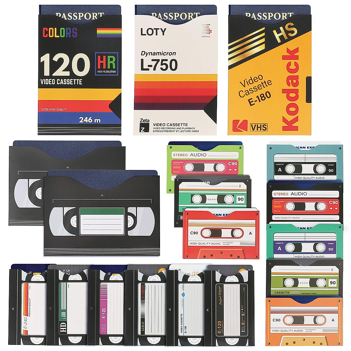 LotFancy RFID Blocking Sleeves (19 Pack, 14 Credit Card Sleeves + 5 Passport Sleeves) for Identity Theft Protection, Designed with Cassette Pattern