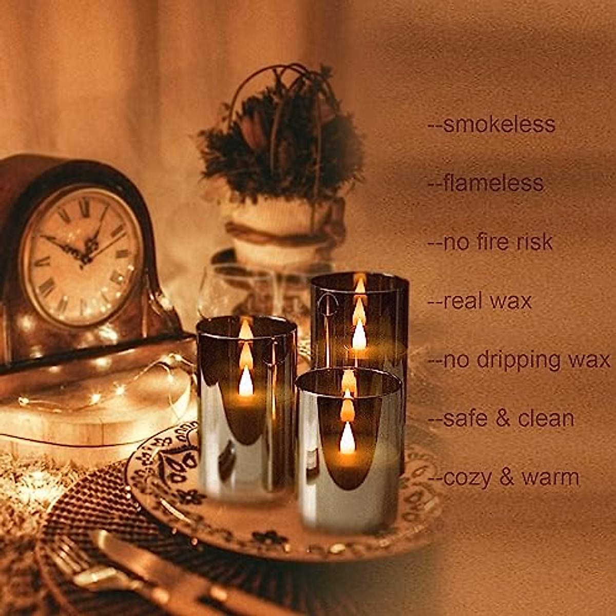 Softflame Flickering Flameless Glass LED Candles with Remote Control, 3D Flame Battery Operated Candles in Real Wax for Indoor Use and Home décor, Set of 3: 3"x4", 3"x5", 3"x6" Gray