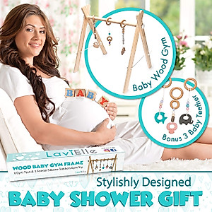 LAVIELLE Wooden Baby Gym Set with 6 Hanging Teethers, Montessori Foldable Play Gym for Newborns, Ideal Nursery Activity Center, Perfect Giftable Toy Set