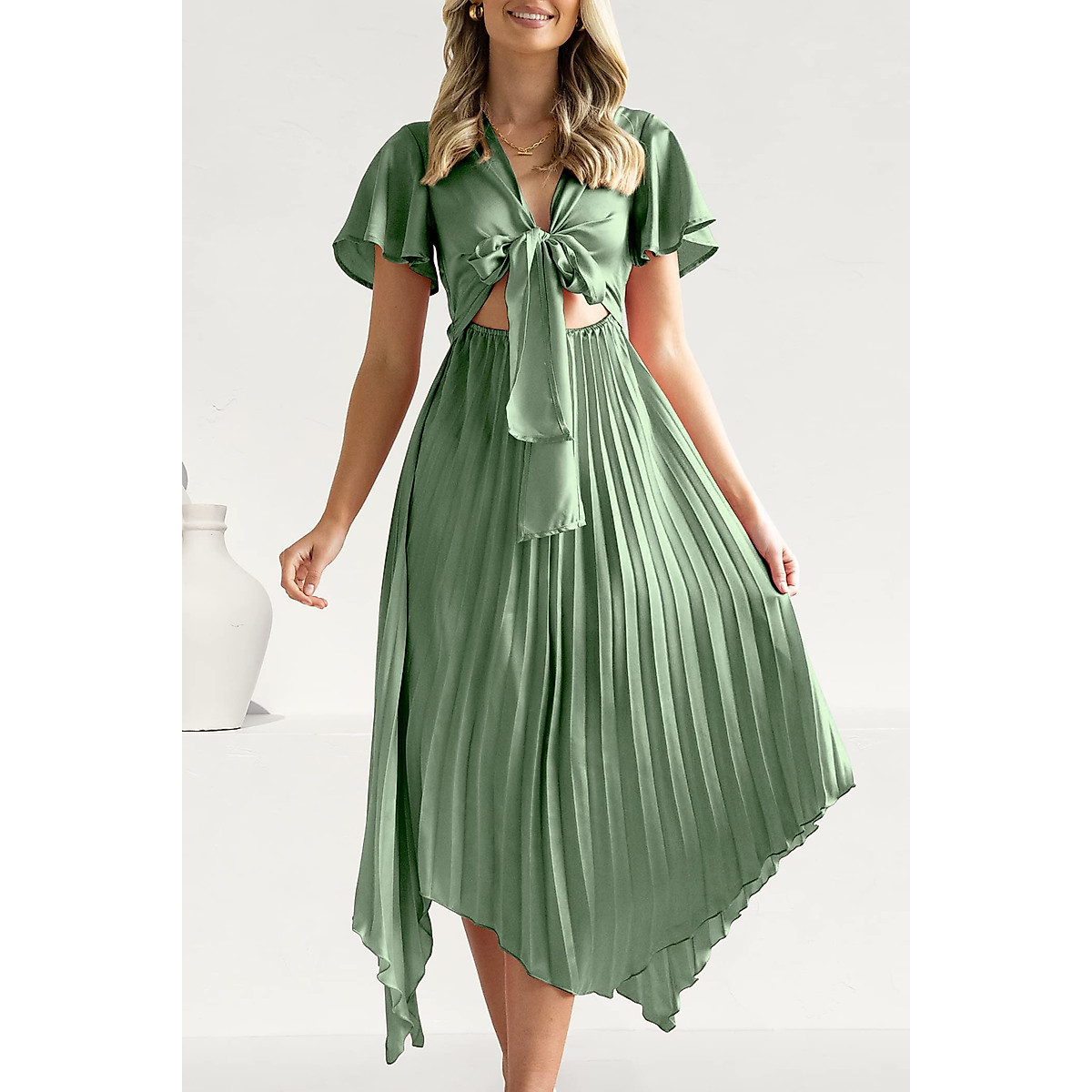 PRETTYGARDEN Women's 2023 Satin Summer Dress Short Sleeve V Neck Tie Front Cutout Pleated A Line Midi Dresses (Light Green,Medium)