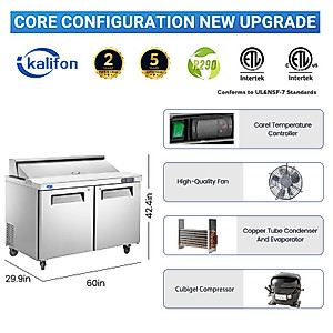 60" W 2 Door Refrigerator Sandwich Salad Prep Table Commercial Stainless Steel Fan Cooling Refrigerator with Cutting Board, 2 Shelves & 16 Pans for Restaurant, Bar, Shop-16.4 Cu.ft