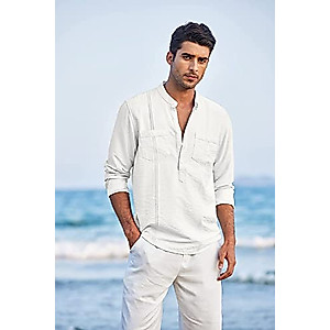 COOFANDY Men's Linen Henley Shirt Long Sleeve Casual Hippie Cotton Beach T Shirts White