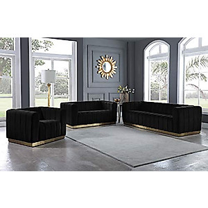 Meridian Furniture 603Black-S Marlon Collection Modern | Contemporary Velvet Upholstered Sofa with Deep Channel Tufting, Stainless Steel Base in a Brushed Gold Finish, Black, 86.5" W x 34" D x 28" H